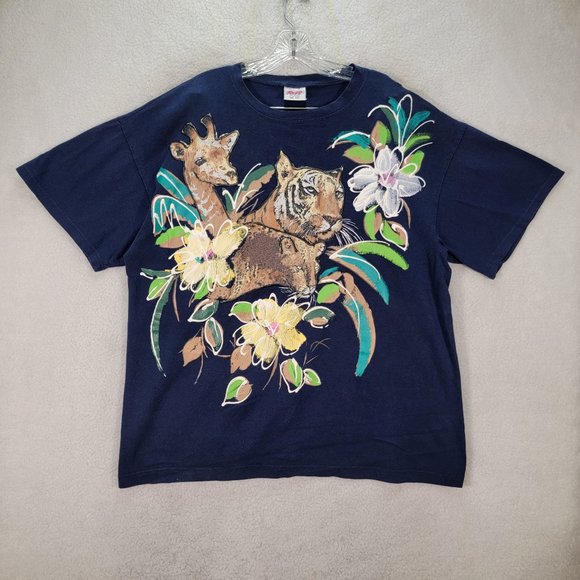 Fast | Tops | Vintage 9s Fast Navy Blue Puff Paint Tiger Giraffe Floral ...